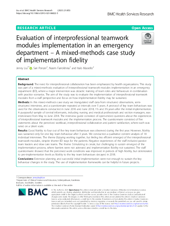 (PDF) Evaluation of interprofessional teamwork modules implementation in an emergency department ...