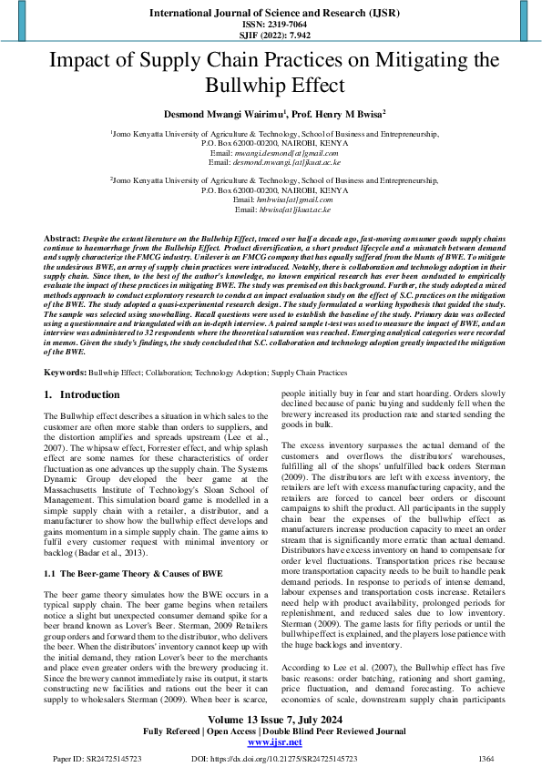 (PDF) Impact of Supply Chain Practices on Mitigating the Bullwhip Effect