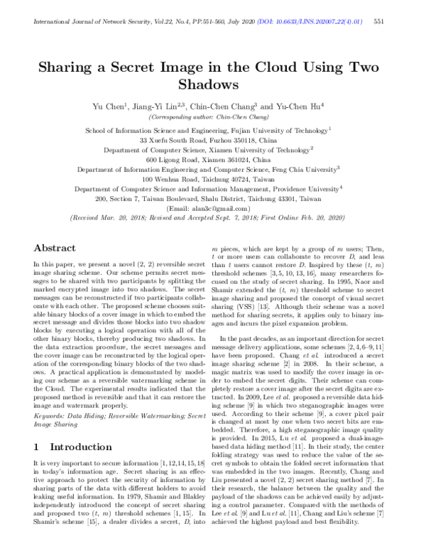 (PDF) Sharing a Secret Image in the Cloud Using Two Shadows