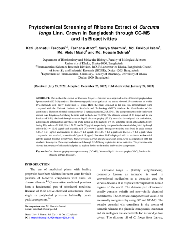 (PDF) Phytochemical Screening of Rhizome Extract of Curcuma longa Linn. Grown in Bangladesh ...