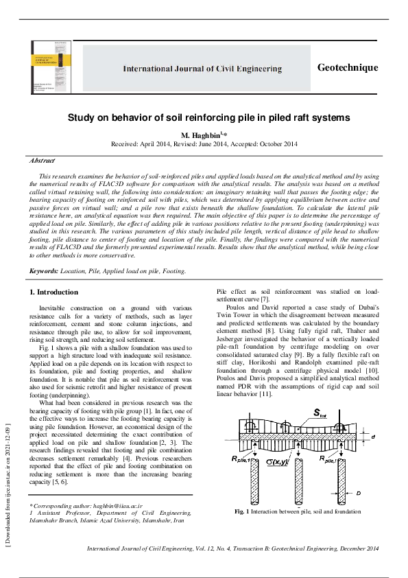(PDF) Study on behavior of soil reinforcing pile in piled raft systems