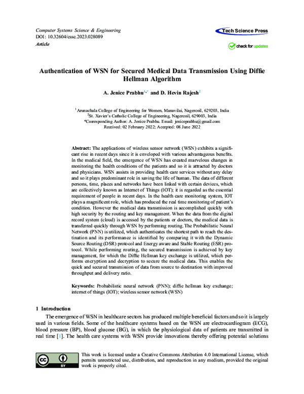 Pdf Authentication Of Wsn For Secured Medical Data Transmission Using Diffie Hellman Algorithm