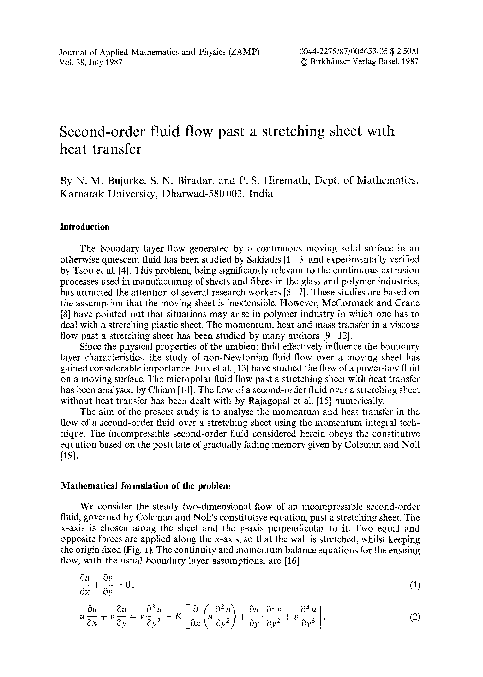 Pdf Second Order Fluid Flow Past A Stretching Sheet With Heat Transfer