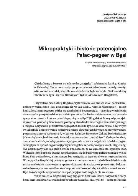 (PDF) Mikropraktyki i historie potencjalne. Pałac-pegeer w Bęsi