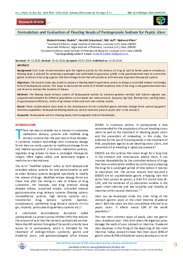 Pdf Formulation And Evaluation Of Floating Beads Of Pantoprazole Sodium For Peptic Ulcer