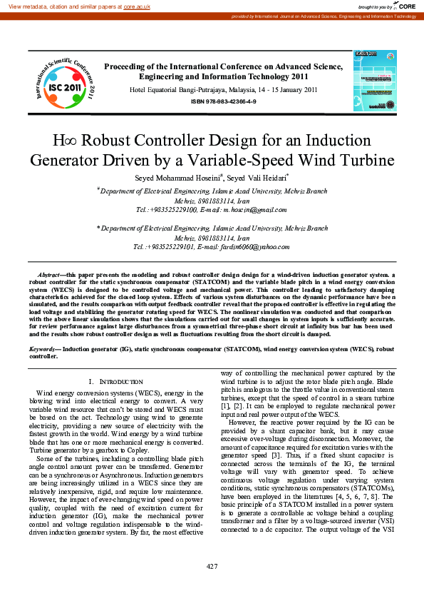 Pdf H∞ Robust Controller Design For An Induction Generator Driven By A Variable Speed Wind Turbine
