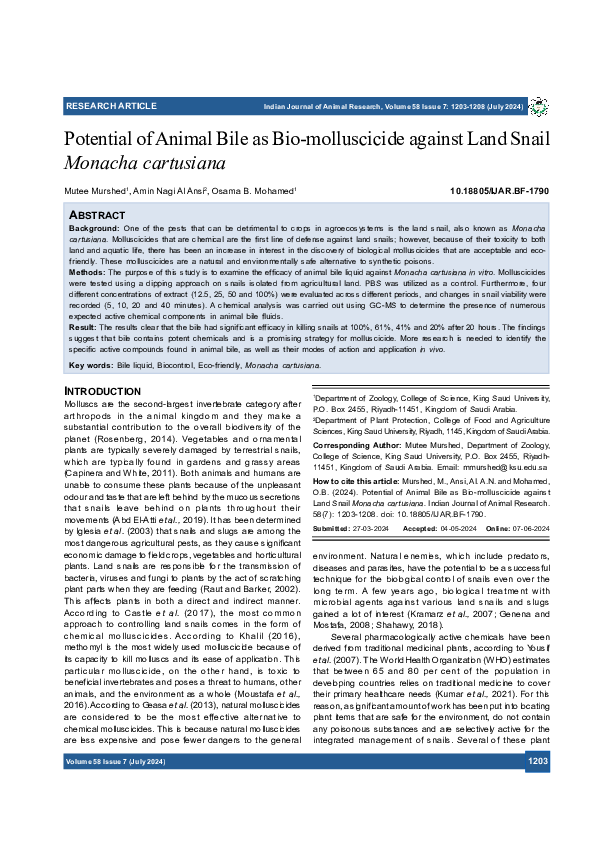 (PDF) Potential of Animal Bile as Bio-molluscicide against Land Snail ...