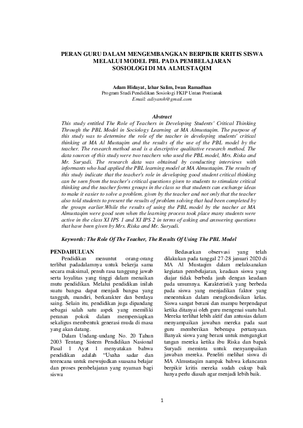 (PDF) Peran Guru Dalam Mengembangkan Berpikir Kritis Siswa Melalui Model PBL Pada Pembelajaran ...
