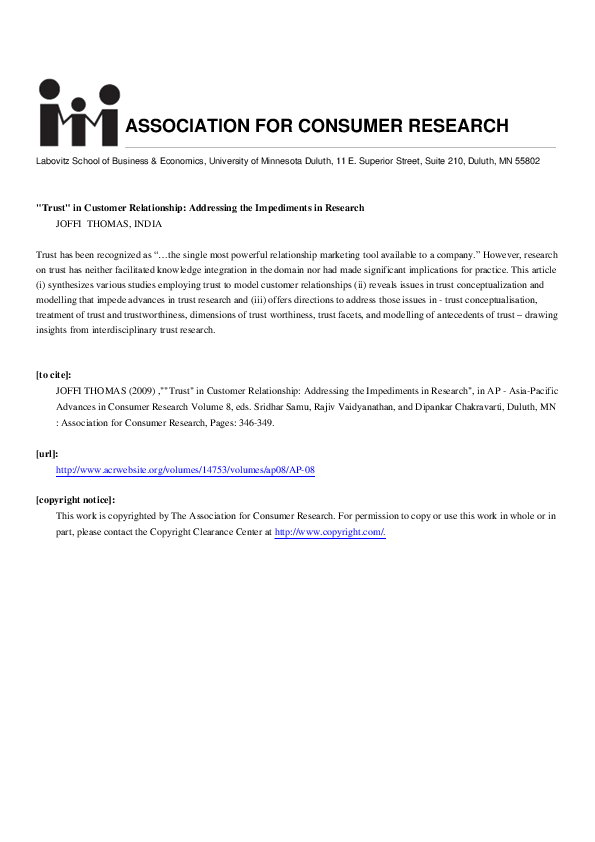 (PDF) Trust" in Customer Relationship: Addressing the Impediments in Research