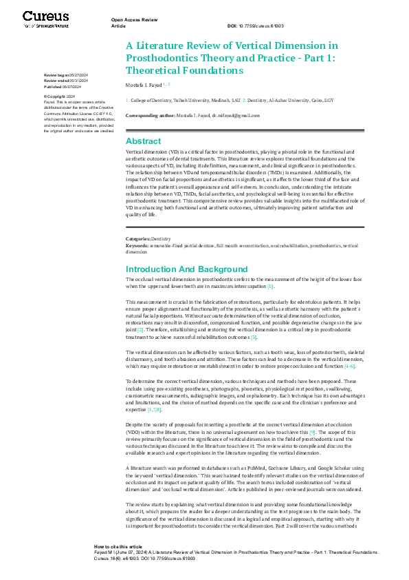 (PDF) A Literature Review of Vertical Dimension in Prosthodontics ...
