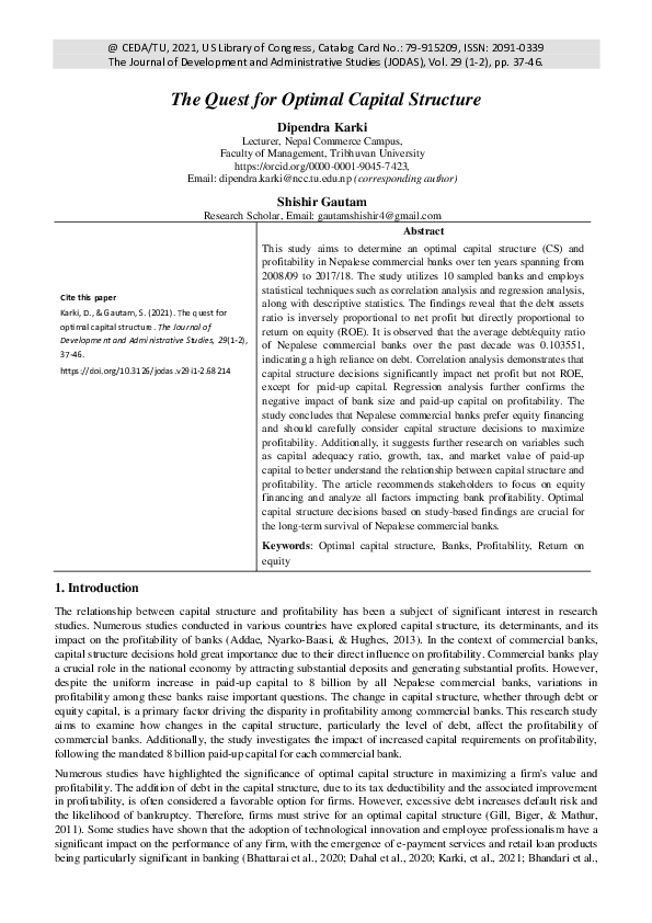 (PDF) Optimal Capital Structure and Profitability in Nepalese Banks