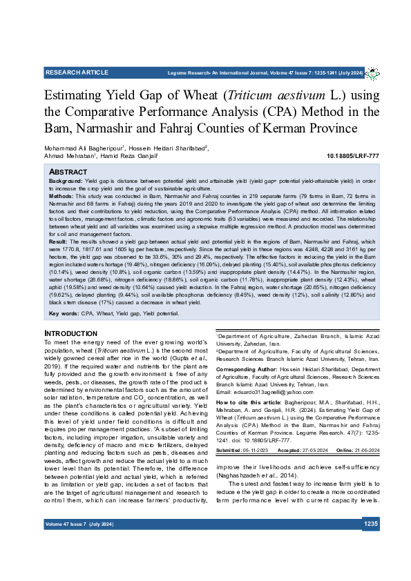 (PDF) Estimating Yield Gap of Wheat (Triticum aestivum L.) using the Comparative Performance ...