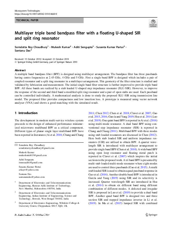 (PDF) Multilayer triple band bandpass filter with a floating U-shaped SIR and split ring resonator