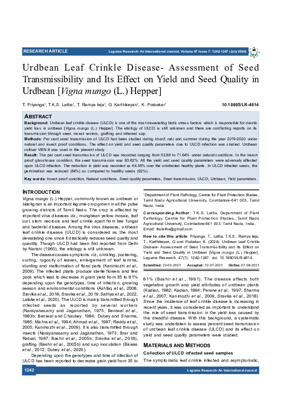(PDF) Urdbean Leaf Crinkle Disease-Assessment of Seed Transmissibility and Its Effect on Yield ...