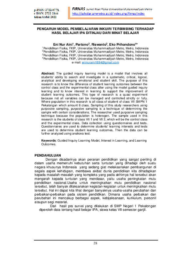 (PDF) Pengaruh Model Pembelajaran Inkuiri Terbimbing Terhadap Hasil Belajar Ipa Ditinjau Dari ...
