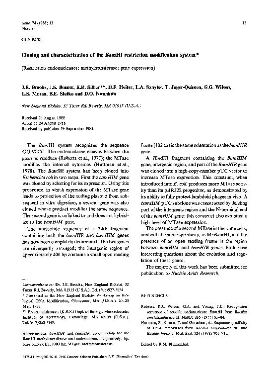 Pdf Cloning And Characterization Of The Bamhi Restriction Modification System