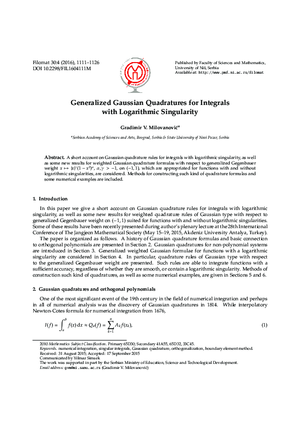 (PDF) Generalized Gaussian quadratures for integrals with logarithmic singularity