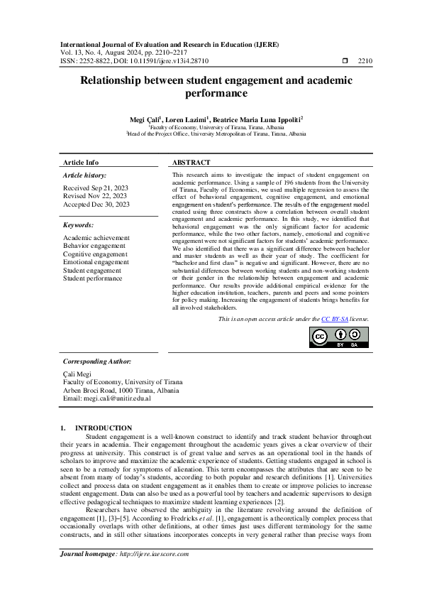 (PDF) Relationship between student engagement and academic performance