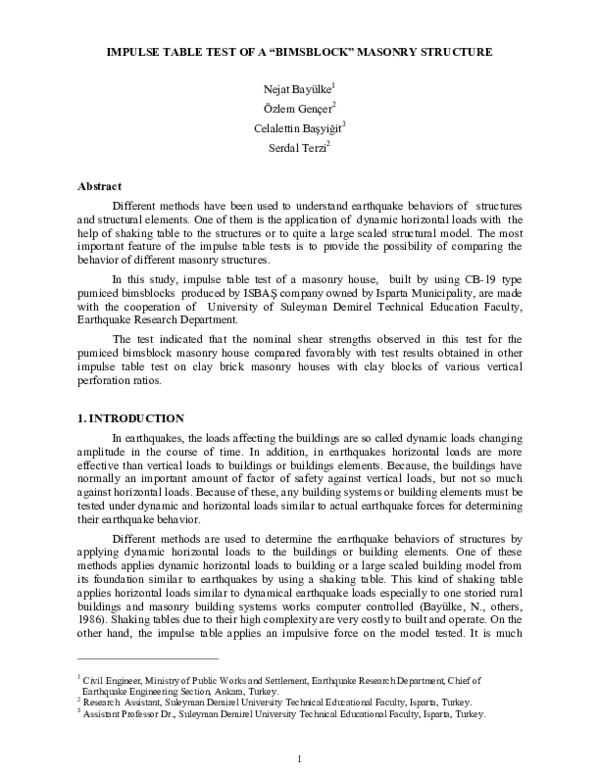 (PDF) Impulse Table Test of a bimsblock Masonry Structure