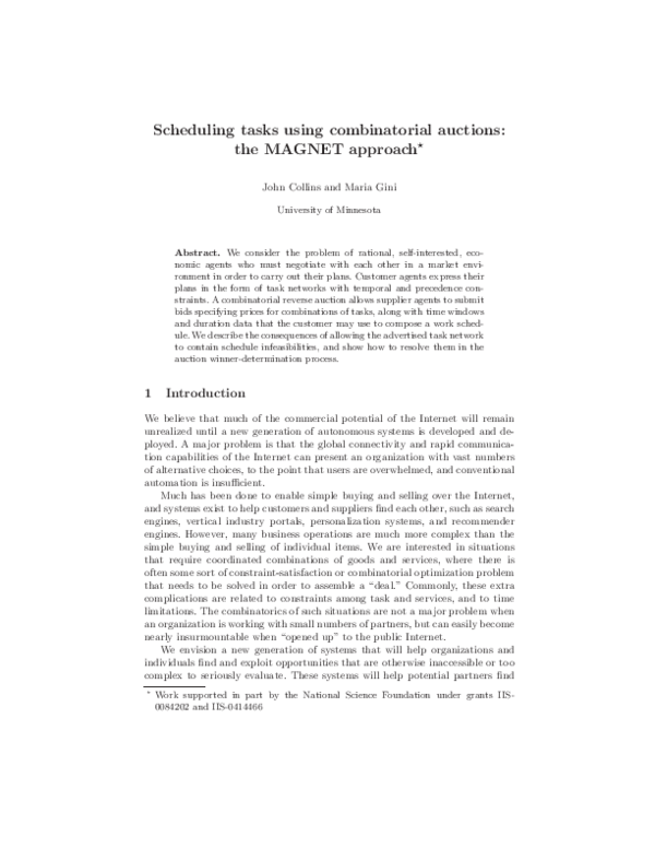 (PDF) Scheduling tasks using combinatorial auctions: The magnet approach