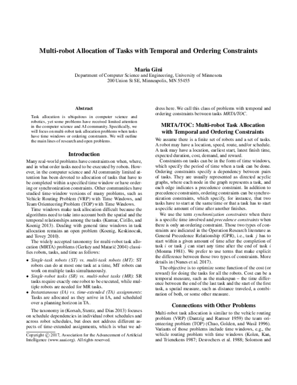 Pdf Multi Robot Allocation Of Tasks With Temporal And Ordering