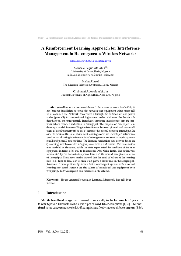 (PDF) A reinforcement learning approach for interference mitigation in heterogeneous networks
