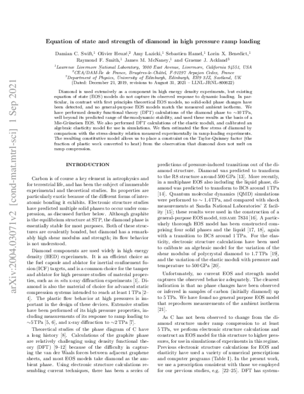 (PDF) Equation of state and strength of diamond in high-pressure ramp ...