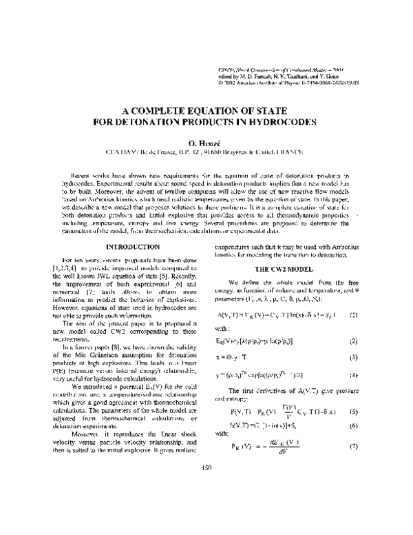 (PDF) A Complete Equation of State for Detonation Products in Hydrocodes