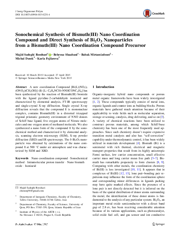(PDF) Sonochemical Synthesis of Bismuth(III) Nano Coordination Compound and Direct Synthesis of ...