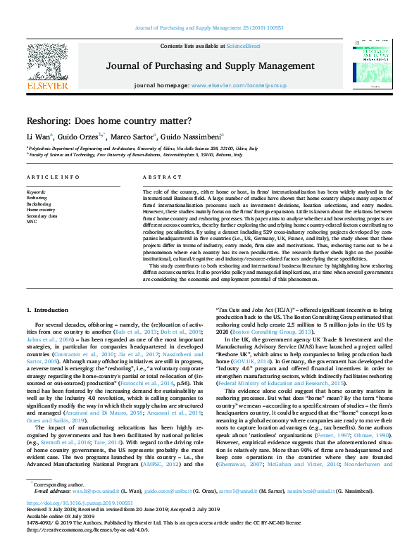(PDF) Reshoring: Does home country matter?