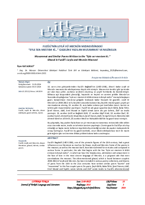 (PDF) FUZÛLÎ'NİN LEYLÂ VÜ MECNÛN MESNEVİSİNDEKİ "EYLE SER-MESTEM Kİ ...