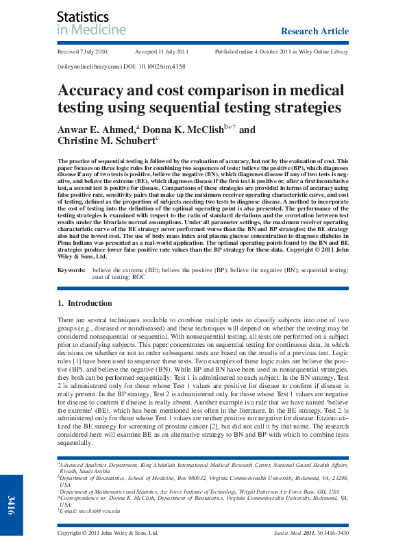 (PDF) Accuracy and cost comparison in medical testing using sequential ...