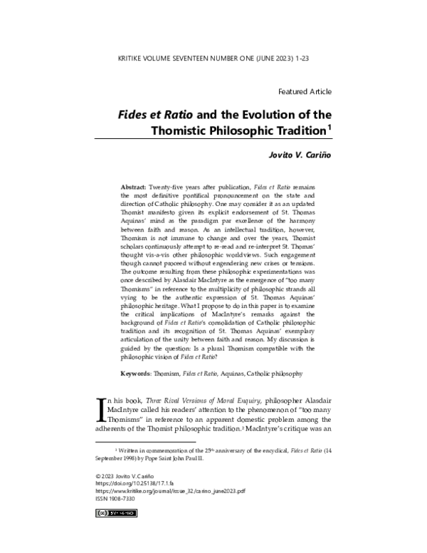 (PDF) Fides et Ratio and the Evolution of the Thomistic Philosophic ...