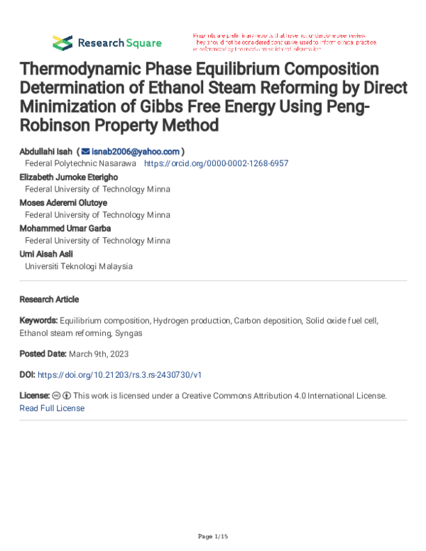 (PDF) Thermodynamic Phase Equilibrium Composition Determination of Ethanol Steam Reforming by ...