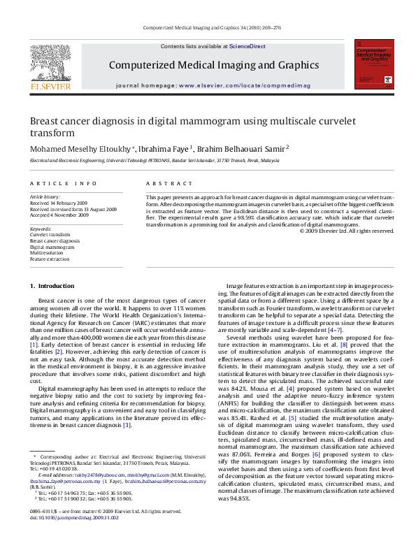(PDF) Breast cancer diagnosis in digital mammogram using multiscale curvelet transform