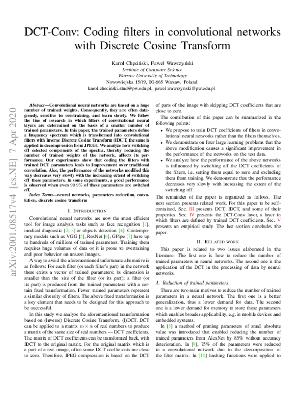 Pdf Dct Conv Coding Filters In Convolutional Networks With Discrete