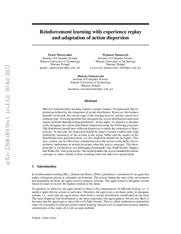 (PDF) Reinforcement learning with experience replay and adaptation of action dispersion