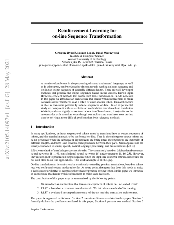 (PDF) Reinforcement Learning for on-line Sequence Transformation