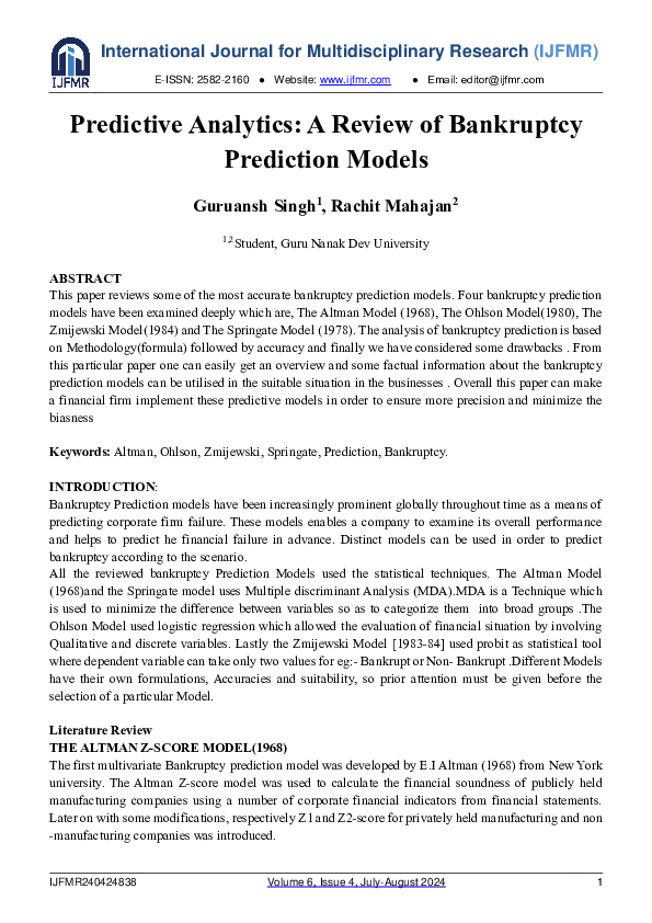 Pdf Predictive Analytics A Review Of Bankruptcy Prediction Models