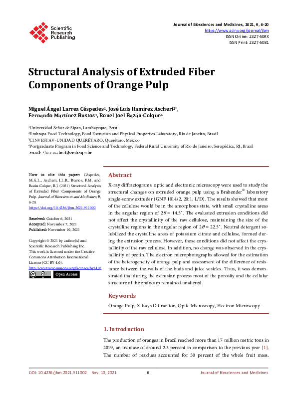 (PDF) Structural Analysis of Extruded Fiber Components of Orange Pulp
