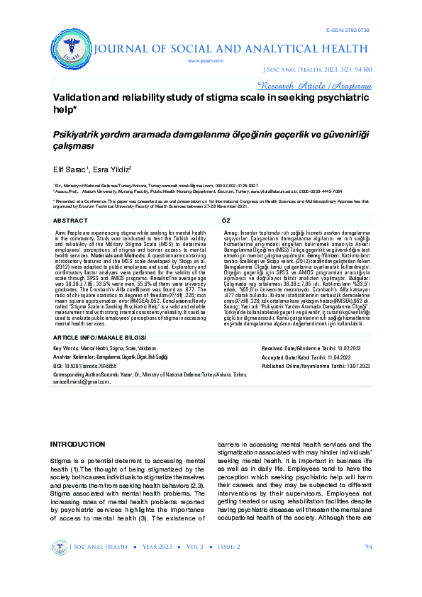 (PDF) Validation and reliability study of stigma scale in seeking ...