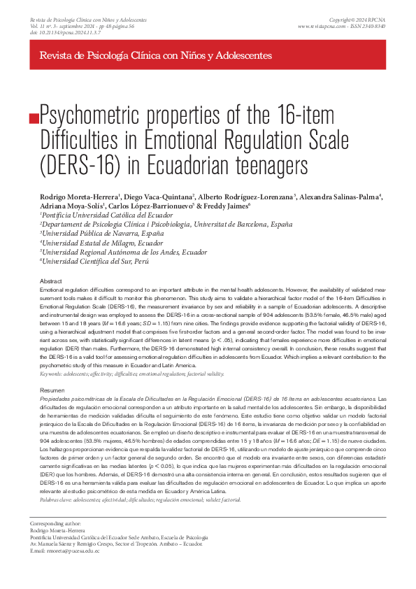 (PDF) Psychometric properties of the 16-item Difficulties in Emotional Regulation Scale (DERS-16 ...