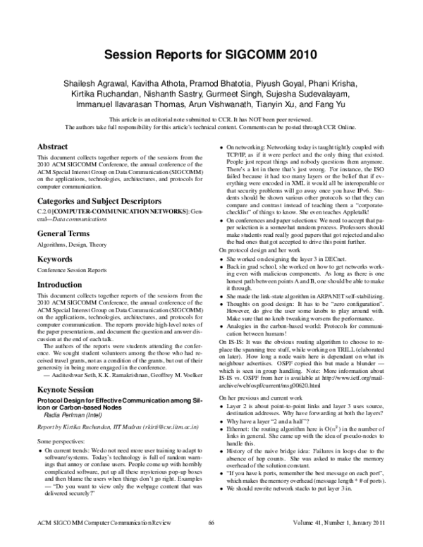 (PDF) Session reports for SIGCOMM 2010