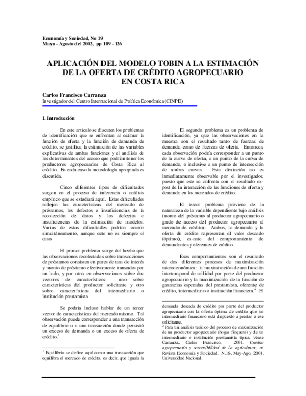 (PDF) Aplicación Del Modelo Tobin a La Estimación De La Oferta De Crédito Agropecuario en Costa Rica