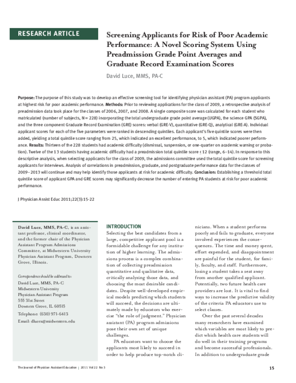 (PDF) Screening Applicants for Risk of Poor Academic Performance: A ...