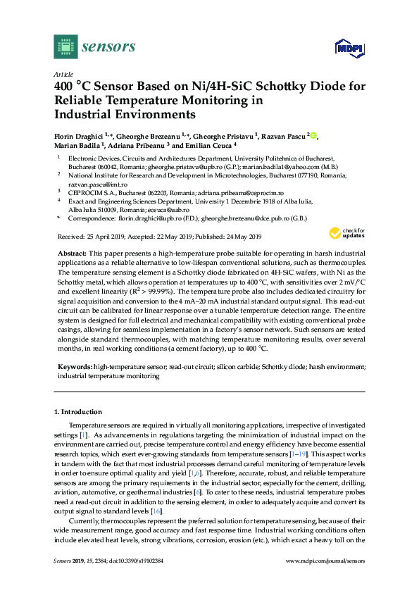 (PDF) 400 °C Sensor Based on Ni/4H-SiC Schottky Diode for Reliable ...
