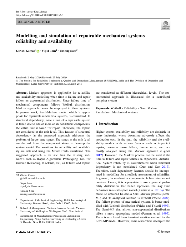 (PDF) Modelling and simulation of repairable mechanical systems reliability and availability