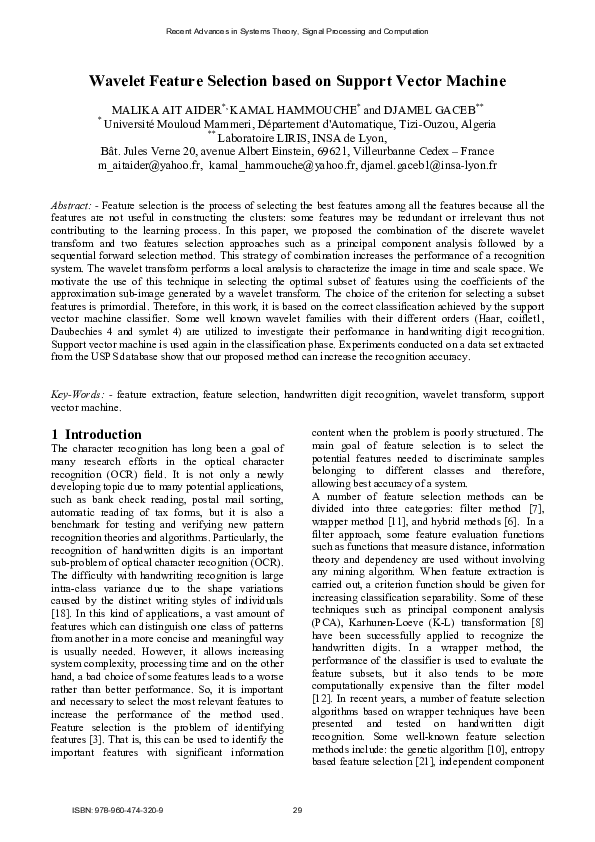 (PDF) Wavelet Feature Selection based on Support Vector Machine