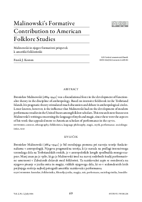 (PDF) Malinowski's Formative Contribution to American Folklore Studies