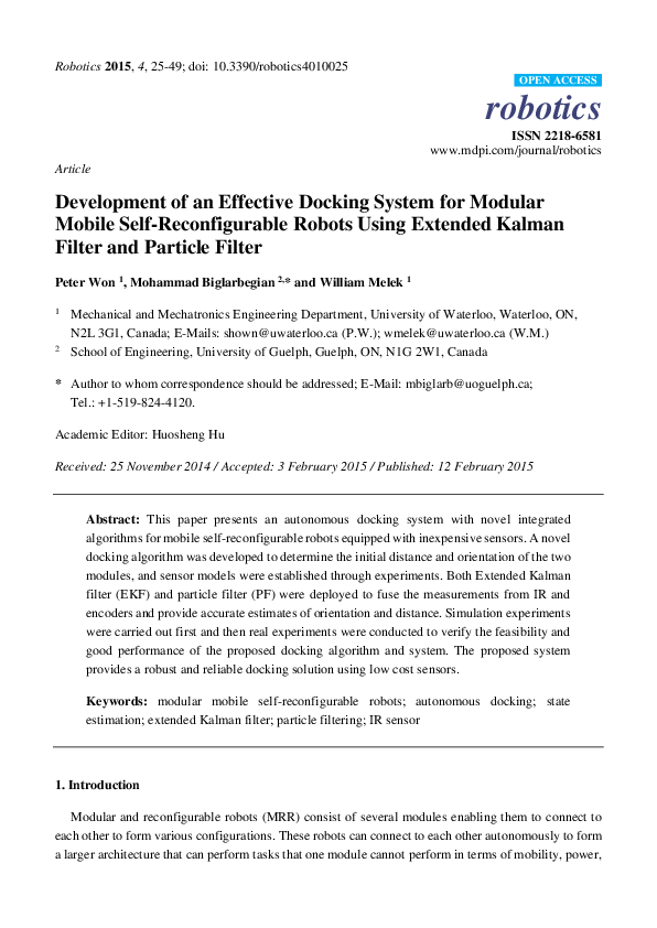 Pdf Development Of An Effective Docking System For Modular Mobile Self Reconfigurable Robots